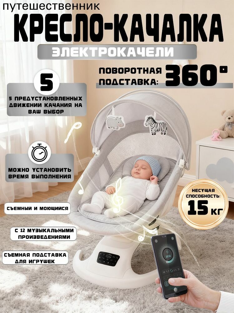 Электрокачели Для Новорожденных 0-36 Месяцев, с APP управлением, таймером и музыкой, до 15 кг