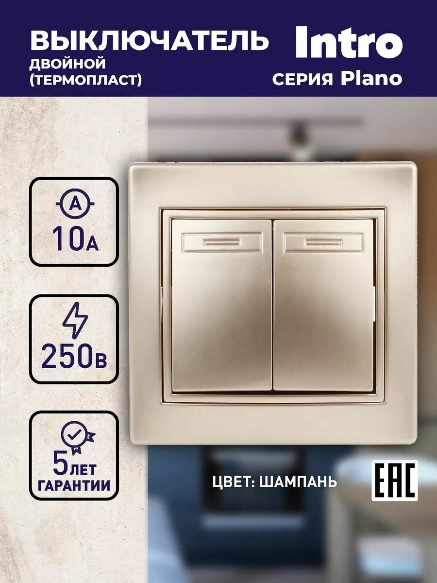 Выключатель Intro Plano 1-104-04 двухклавишный 10А-250В IP20 СУ шампань