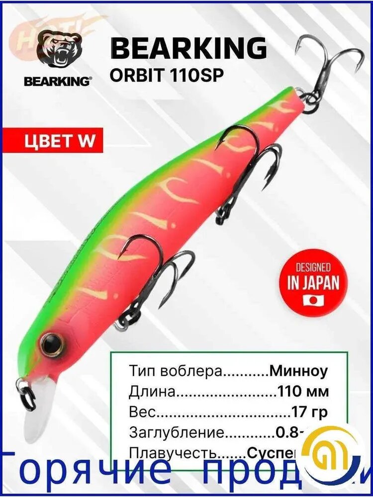 Воблер BearKing Orbit 110SP, цвет W /Fruit Mat Tiger(арбуз)/, (длина-110мм, вес-17гр, заглубление от 0,8 до 1м), для рыбалки на щуку.