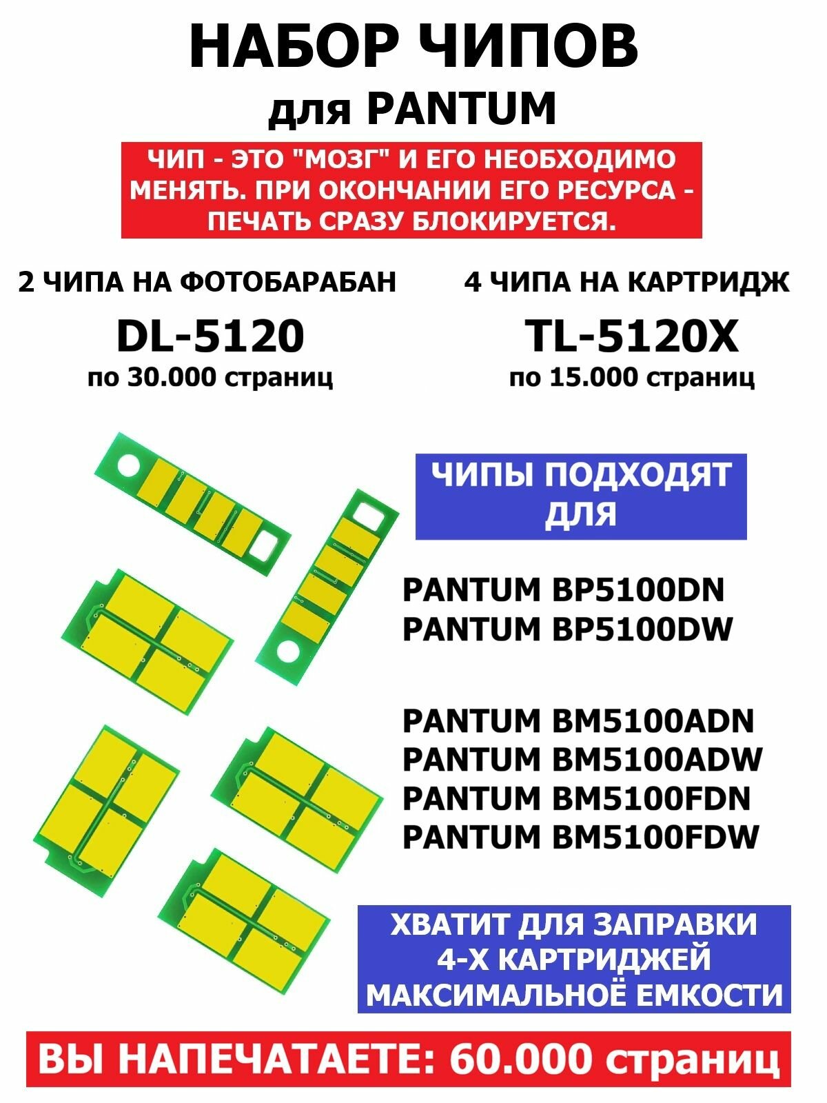 Комплект чипов для заправки BP5100DN BP5100DW BM5100ADN BM5100ADW BM5100FDN BM5100FDW - TL-5120X / DL-5120 - Ресурс: 60.000 страниц