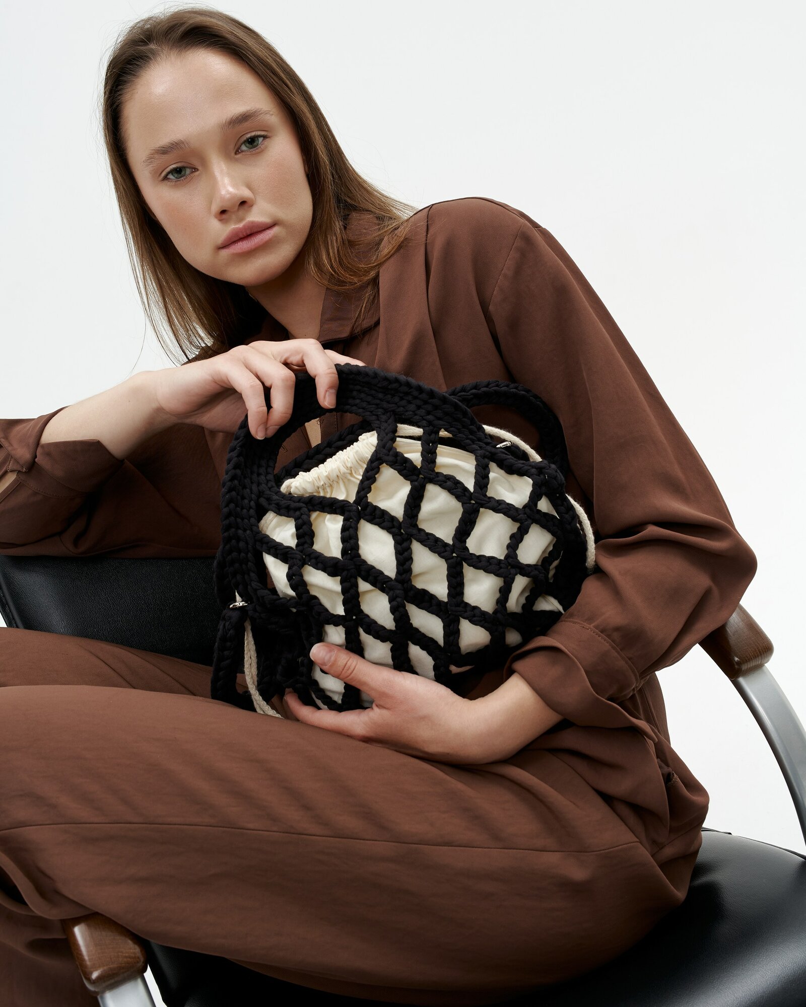 Сумка авоська , фактура вязаная, черный — фото 1