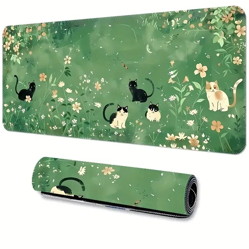 Игровой коврик Mairuige XXL с черной кошкой и зеленым растением 600x300x2mm, z8