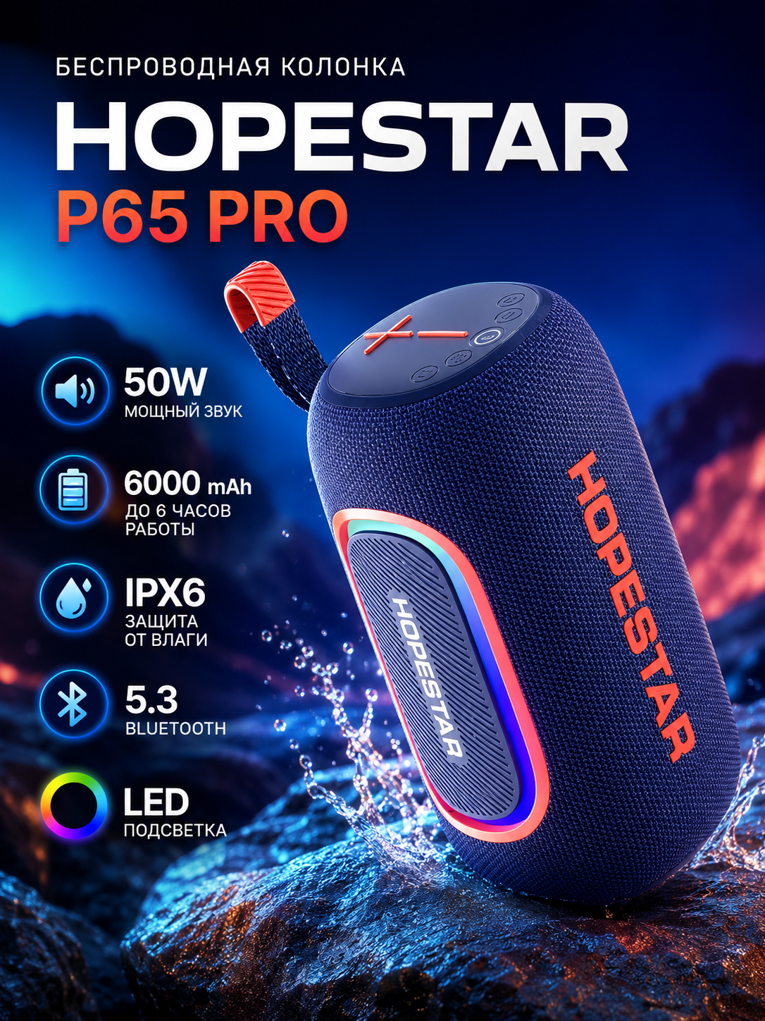 Беспроводная колонка Hopestar P65 PRO 50W, 6000 Mah, IPX6, Light Синий