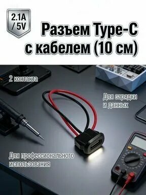 Разъем Type-C мама с кабелем 10 см, 2-контактный порт зарядки 5V 2.1A, гнездо для DIY проектов и ремонта электроники, черный, 1 шт.