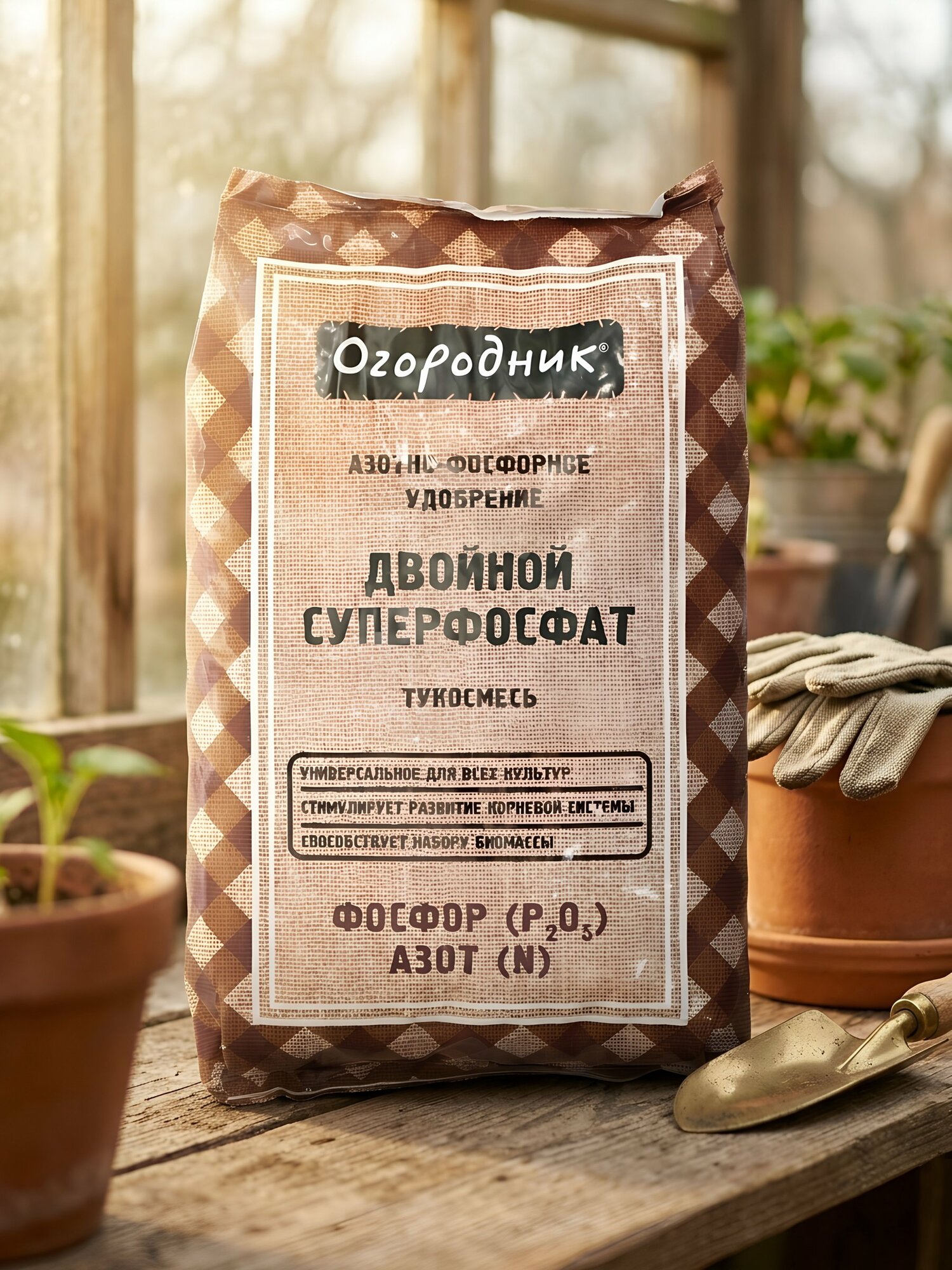 Удобрение Суперфосфат двойной Огородник, минеральное азотно-фосфорное, гранулы 700 г, для стимуляции роста и корней.