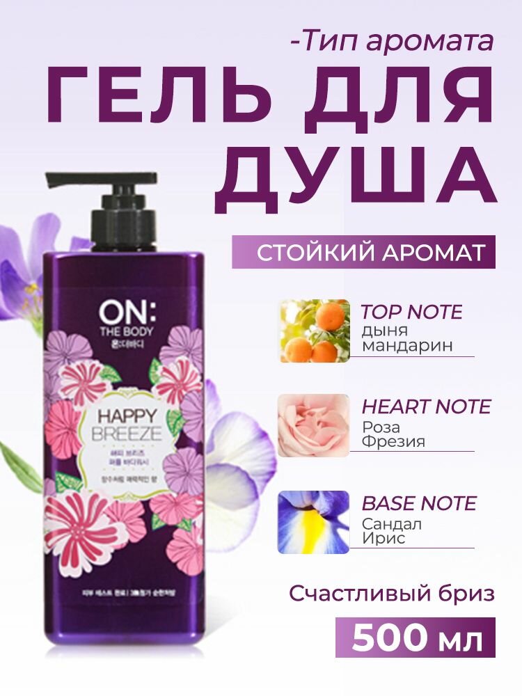 Гель для душа парфюмированный On The Body LG HAPPY BREEZE аромат розы и сандала, 500 мл, Корея