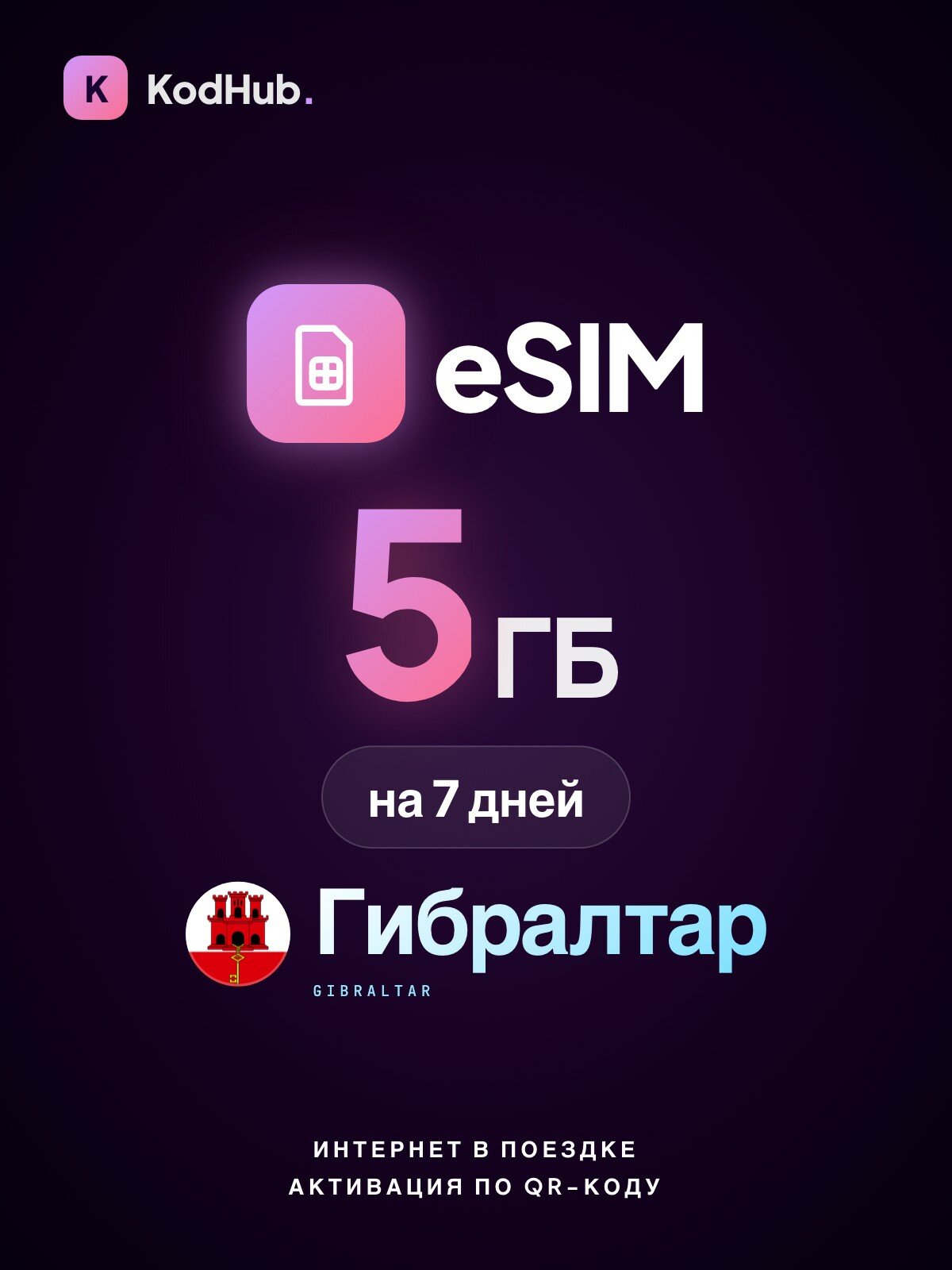 Туристическая eSIM Гибралтар 5 ГБ на 7 дней | интернет в поездке, связь за границей | QR-код активации