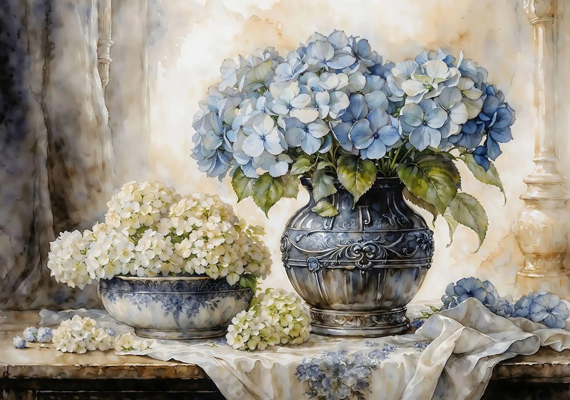Натюрморт с гортензией, винтаж, 20x30 см, без рамы, цвет 2