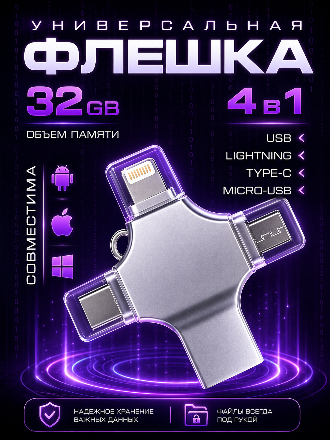 Внешний накопитель 4 в 1 USB флешка Lightning, MicroUSB, Type-C, USB, FLASH накопитель для iOS, Android, Windows, 32gb, Серебристый