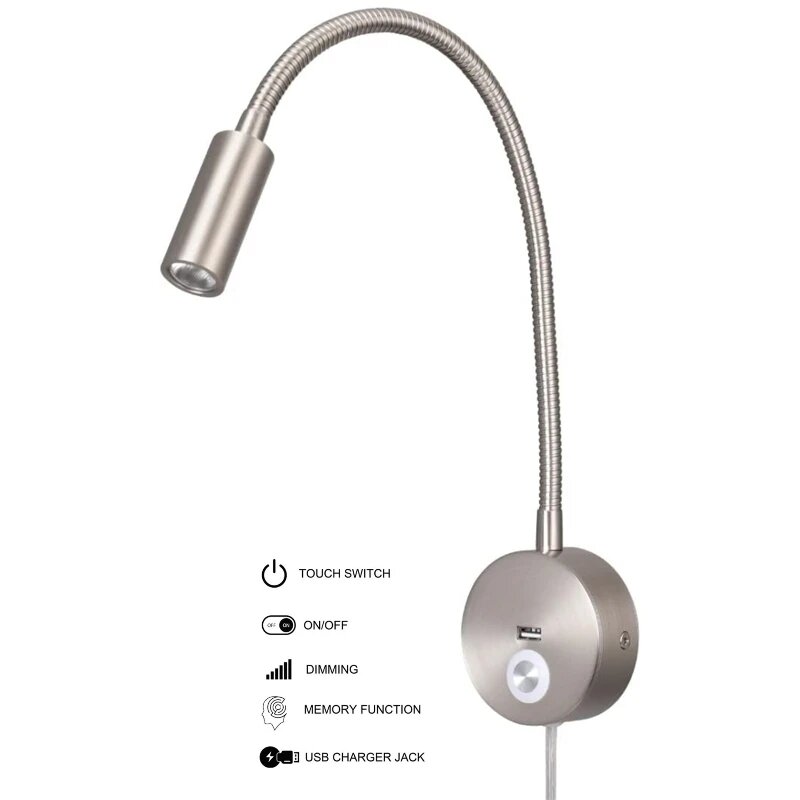 Настенная лампа Tokili матовый никель EU Plug, Серый, Теплый белый (2700-3500К), Type B Dimmer USB