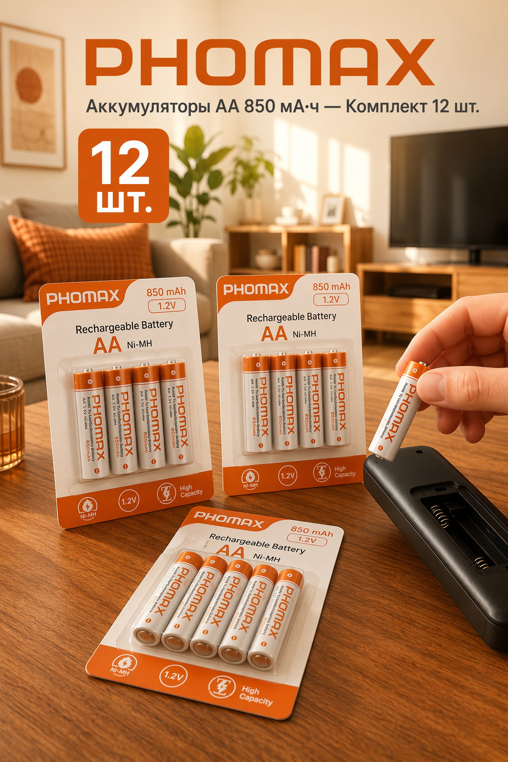 Аккумуляторы PHOMAX, Ni-MH, AA, 850 mAh, 12шт, для домашнего использования
