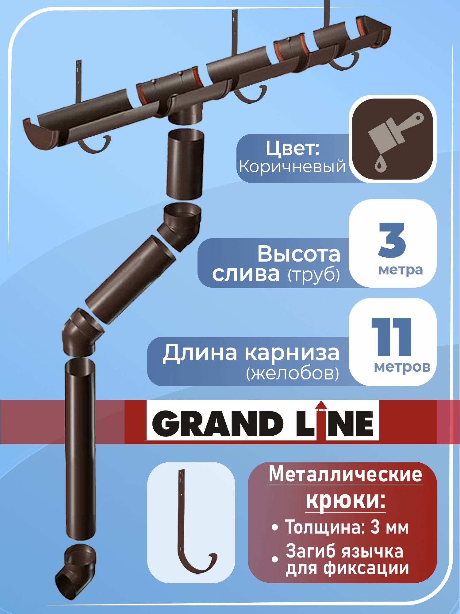Водосточная система Grand Line 11 м ( 1,5 м+1 м ) металлические кронштейны коричневый 1 слив , водосток для крыши пластиковый Гранд Лайн ( 120 мм / 90 мм ) комплект элементов ПВХ