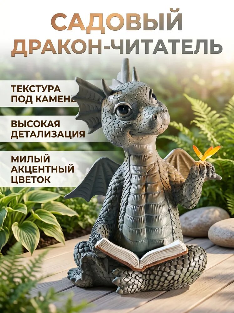 Фигурка садовая Дракон-читатель, полистоун, Светло-серый, темно-серый, 9*7*10 см — фото 1