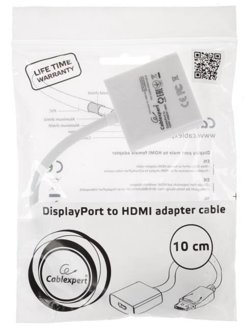 A-DPM-HDMIF-002-W Переходник DisplayPort - HDMI Cablexpert A-DPM-HDMIF-002-W, 20M/19F, белый, пакет — фото 1