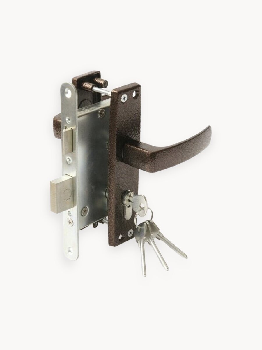 Замок врезной цилиндровый с защёлкой в комплекте с ручкой Зенит (замки) зенит ЗВ4-3.04 (медь), 4 кл.