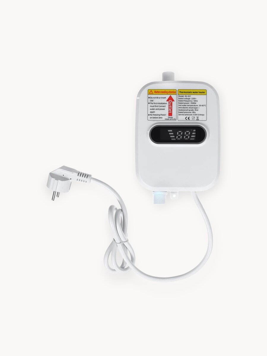 Проточный водонагреватель электрический, 3500Вт, с душем, мгновенный, нержавеющая сталь, белый