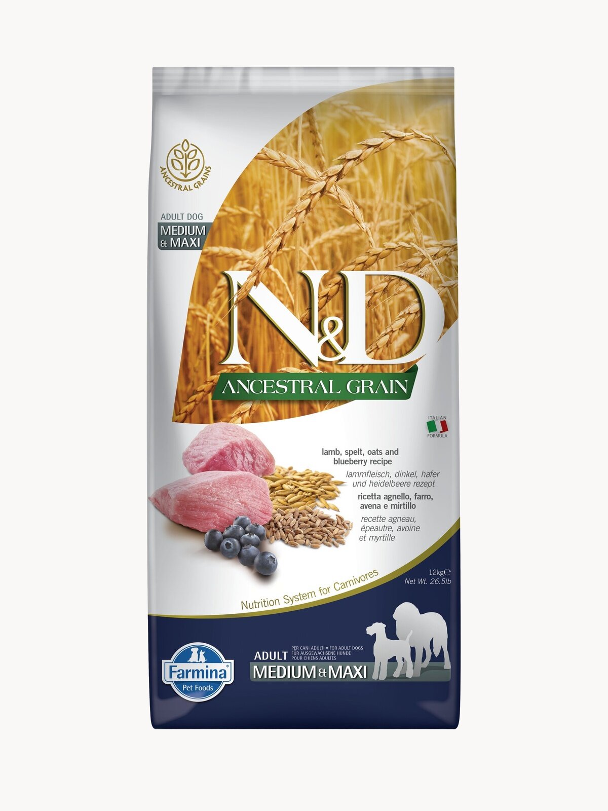 Сухой корм для собак средних и крупных пород Farmina N&D Ancestral Grain, ягненок, черника, спельта, овёс, 12 кг