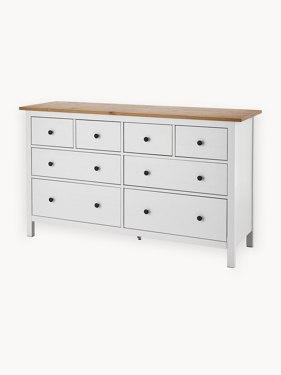 Комод 8 ящиков Эванс, 160х95х49,8 см, для гостиной, матовый фасад, массив сосны, цвет белый, светло-коричневый