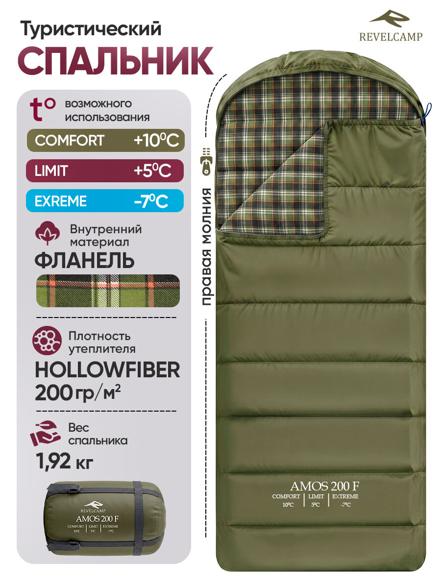 Спальный мешок туристический REVELCAMP Amos 200 Flannel, правая молния