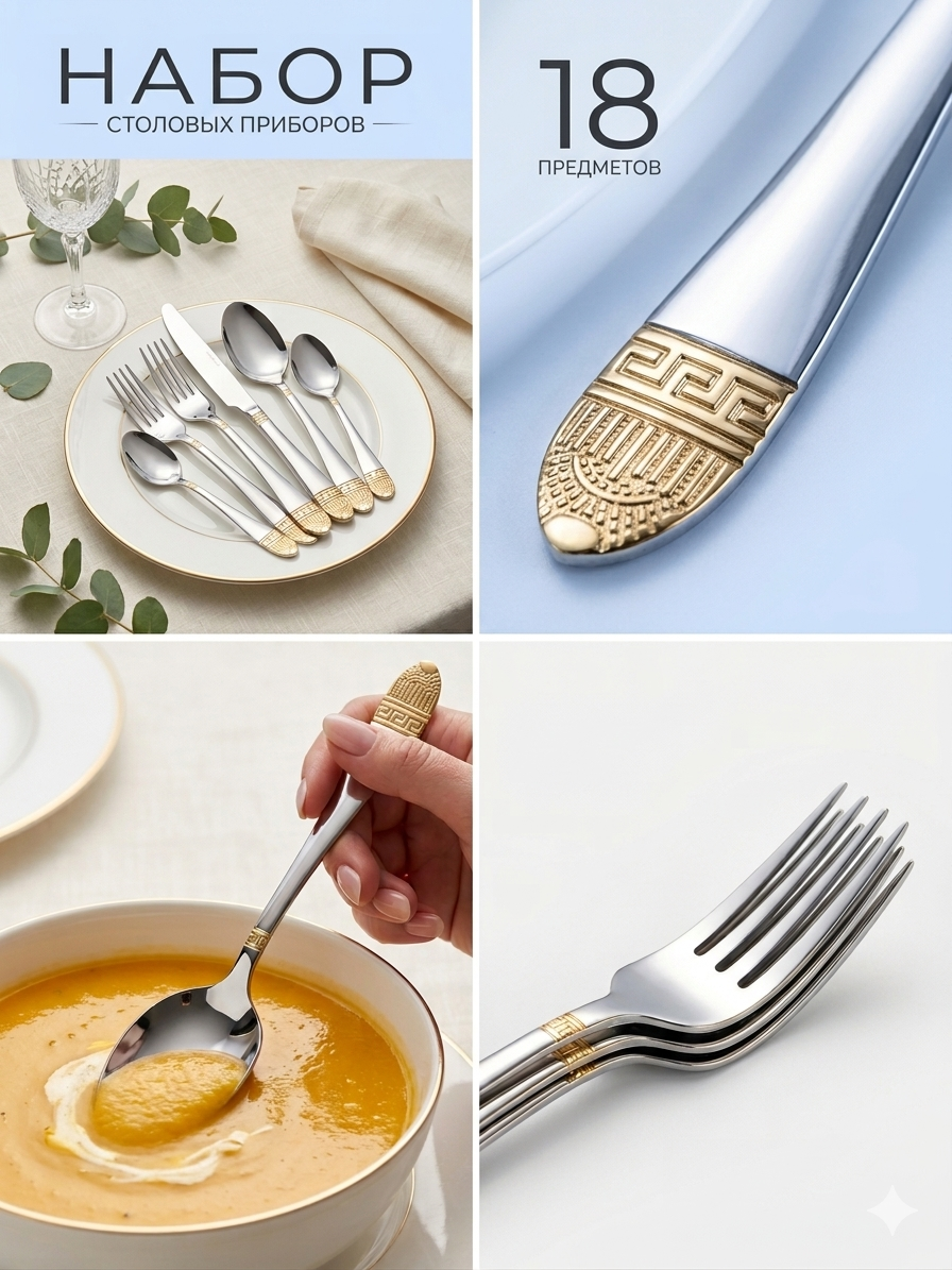 Набор столовых приборов 6 персон "Версач" Нержавеющая сталь, лазерная гравировка 18 приборов