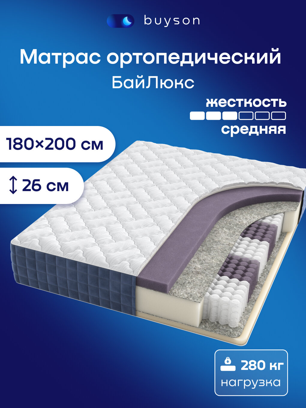 Ортопедический матрас buyson БайЛюкс, 180х200 см, независимые пружины