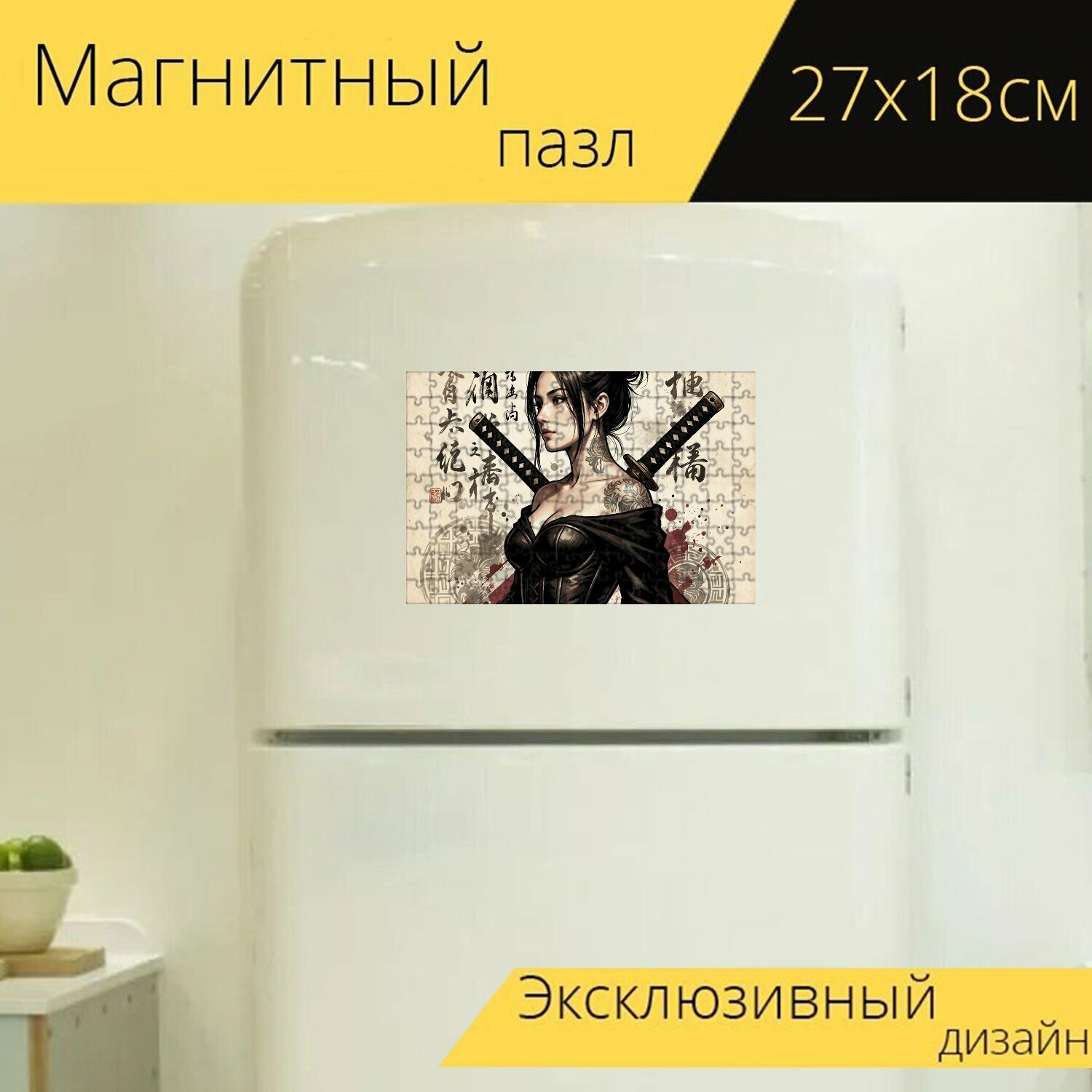 Магнитный пазл "Воительница с катанами и иероглифами. Азиатская девушка-самурай с татуировками и двумя мечами за спиной, живописная композиция в стиле." на холодильник 27 x 18 см.