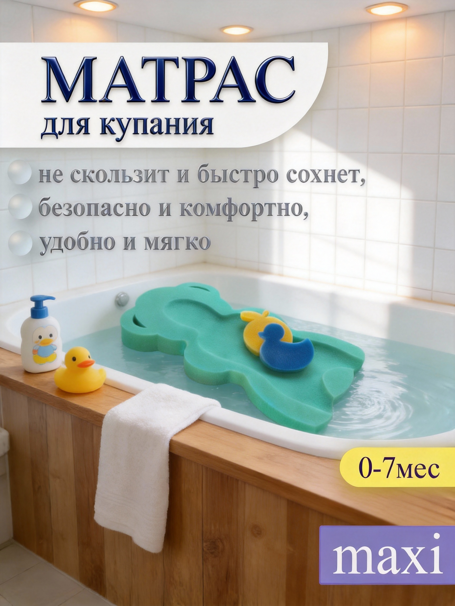 Матрасик для купания новорожденных до 1 года, поролоновый противоскользящий с анатомической выемкой для стандартной ванны и детской ванночки 550x300 мм