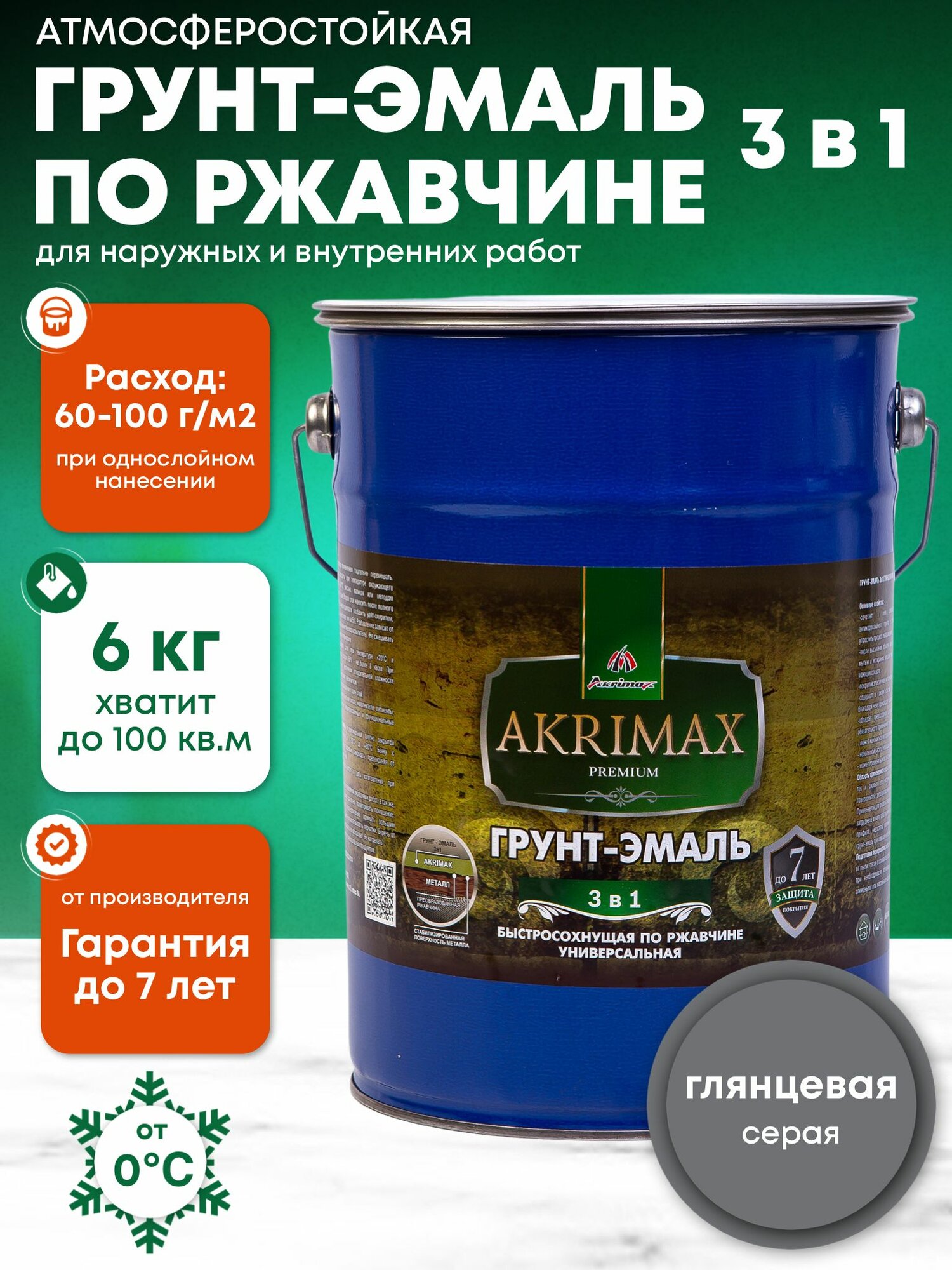Грунт-эмаль по ржавчине 3 в 1, Краска по металлу, быстросохнущая 6 кг AKRIMAX-PREMIUM, глянцевое покрытие, серая