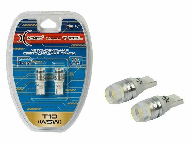 Светодиод 12V 5W (номер габариты) (T10/W5W/W2195d) 5000K (T109L) белый, 2 шт / Xenite / 1009273