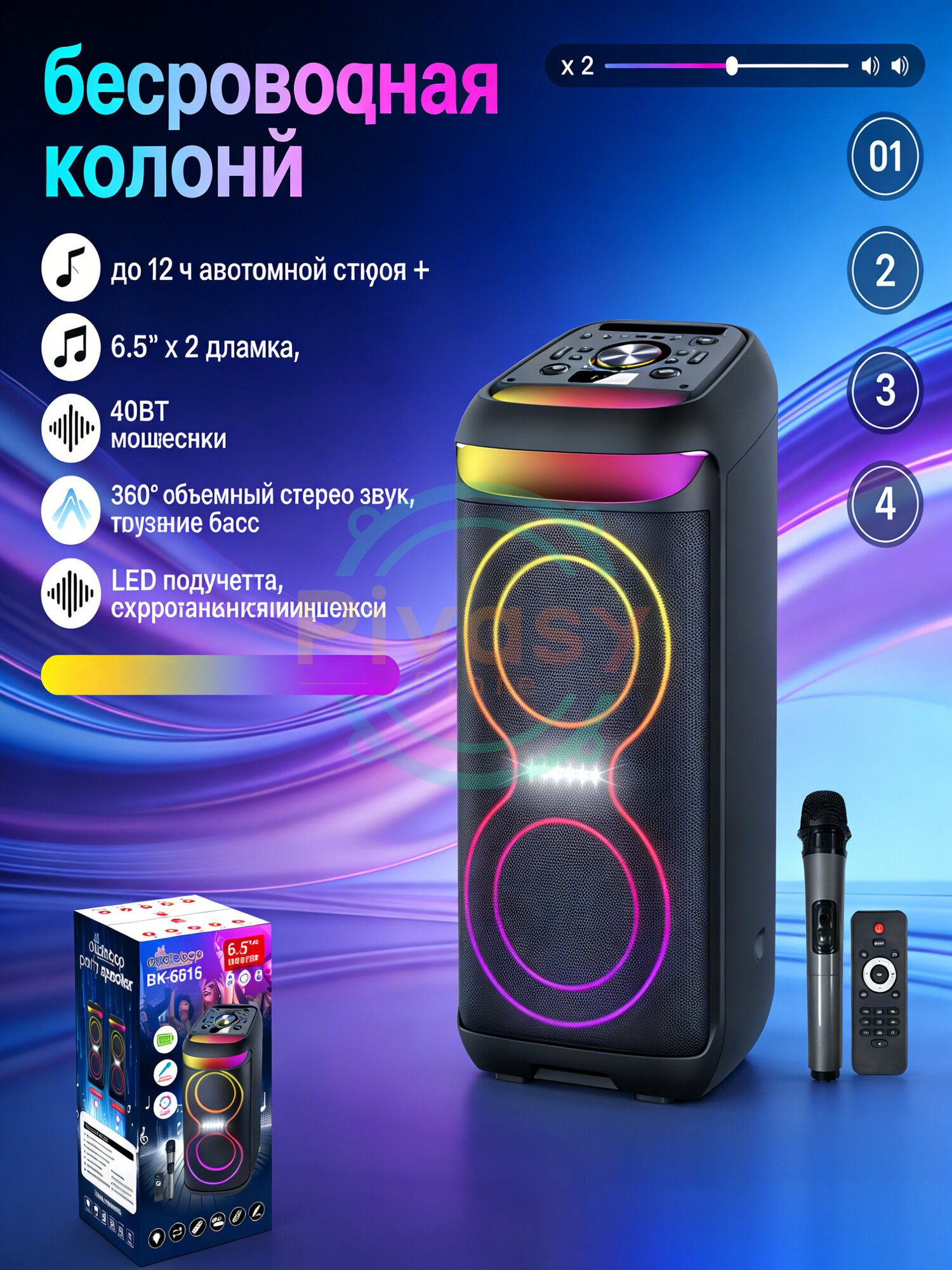 Динамик Bluetooth 5.2, два 4-дюймовых низкочастотных динамика, выход 5 Вт x 2, светодиоды, USB/TF