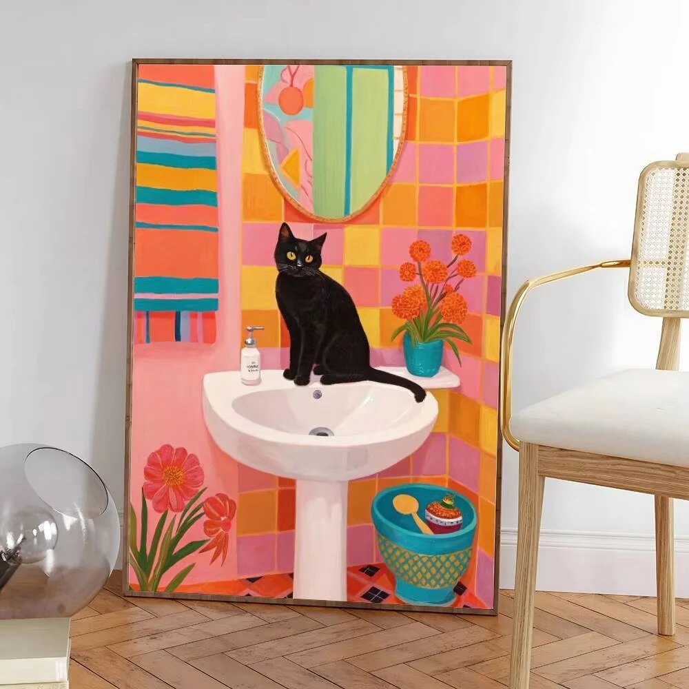 Абстрактная картина с черной кошкой, 30x40 см, цвет 10