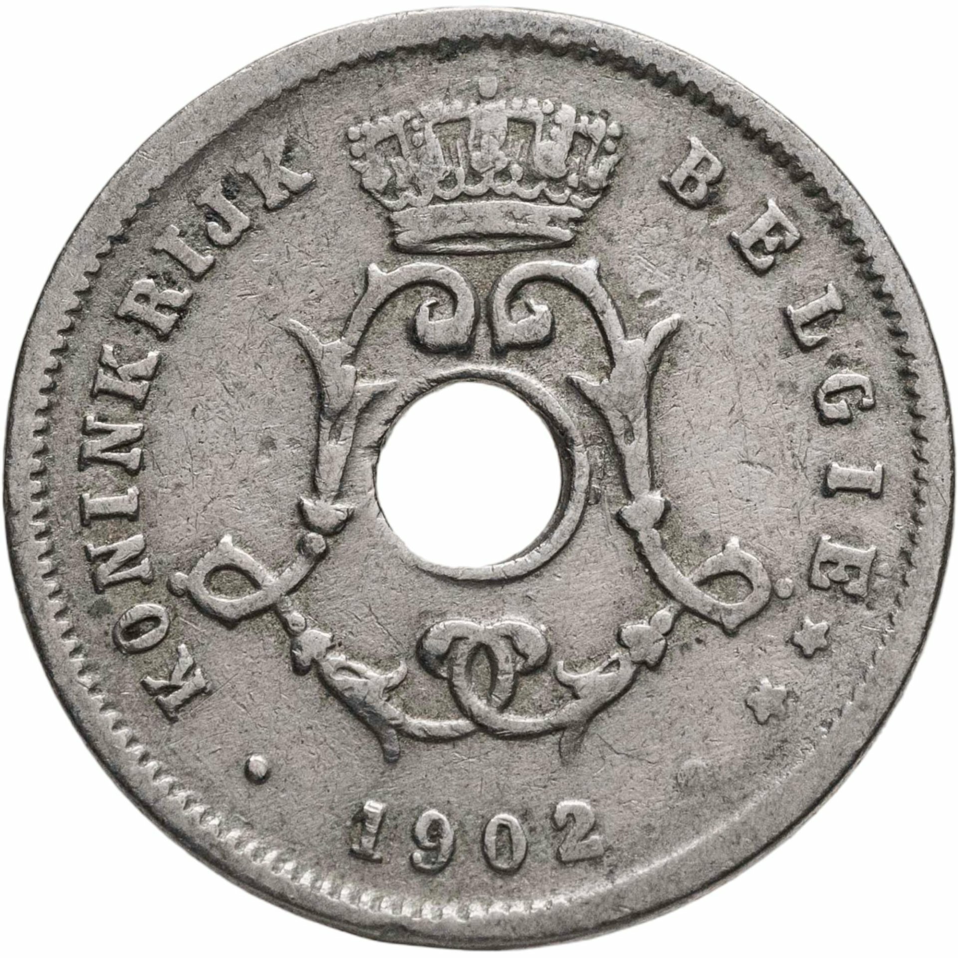 Бельгия 5 сантимов centimes 1902 Надпись на голландском - 'BELGIË', Мельхиор медь-никель, в сохранности VF