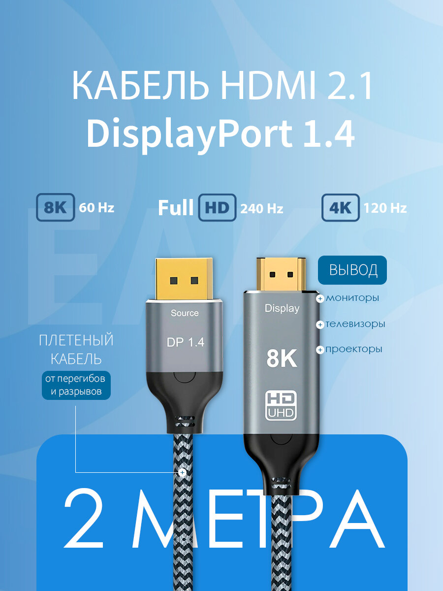 Кабель DisplayPort HDMI 8K 2м однонаправленный с позолоченными контактами