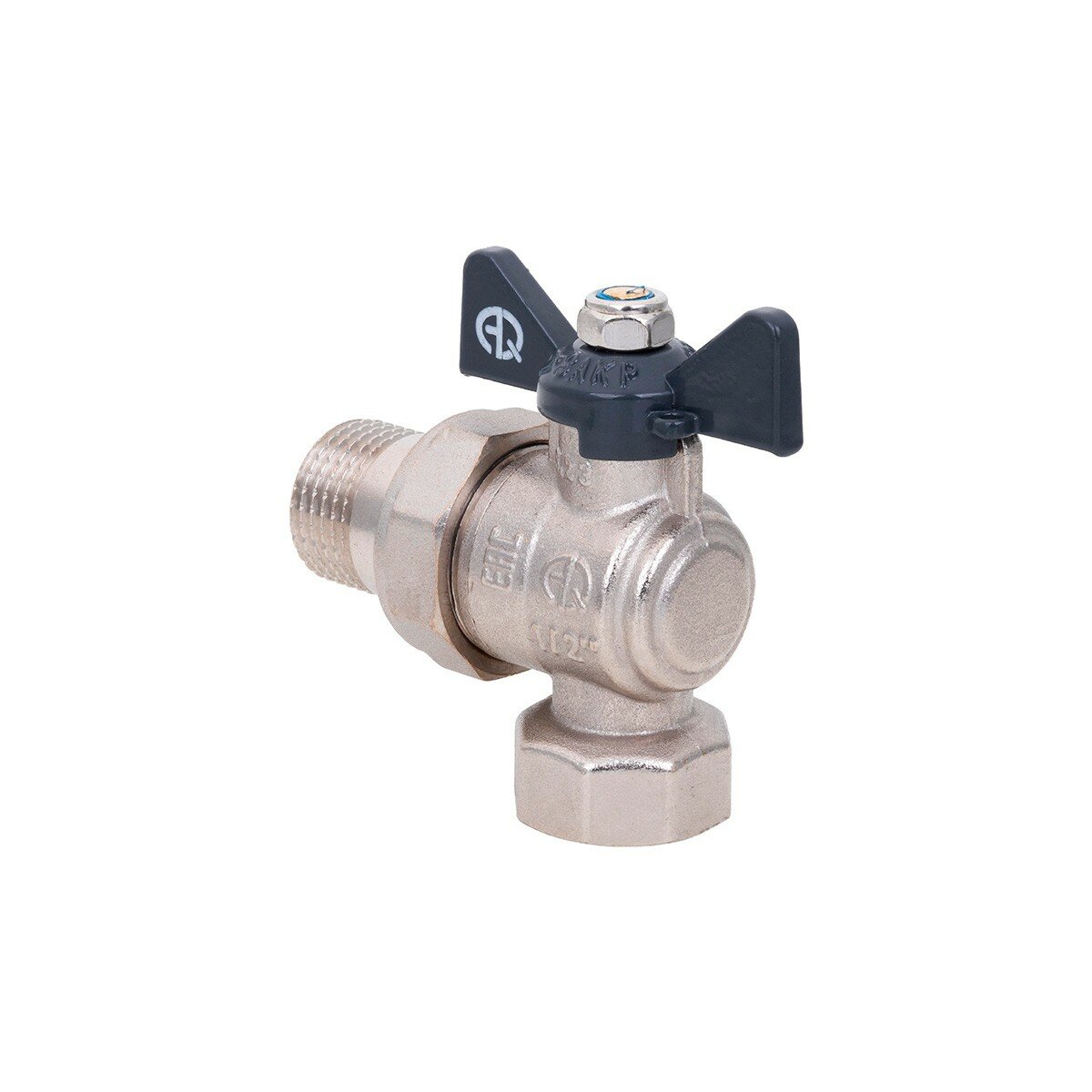Кран шаровой латунный угловой Aqualink со сгоном, 1/2", ГОСТ, внутренняя/наружная резьба, бабочка