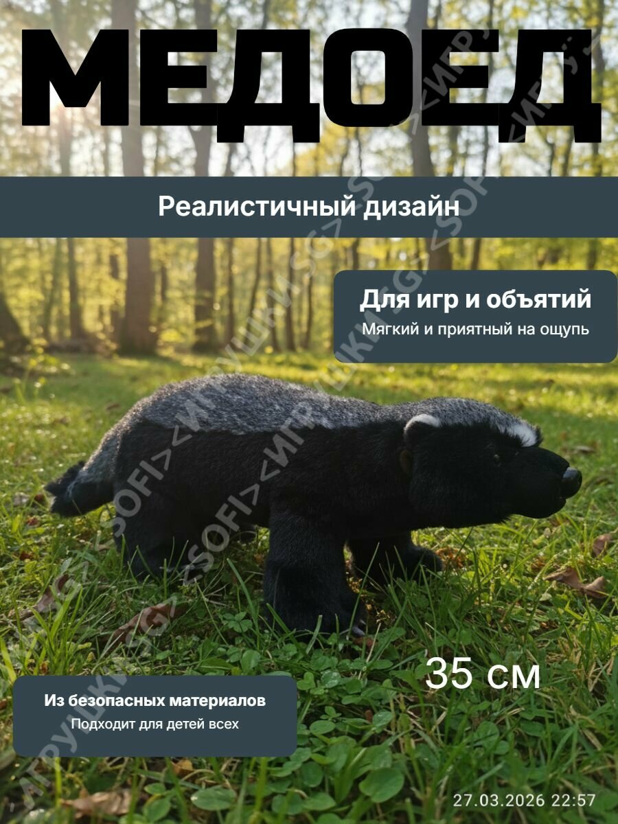 Мягкая игрушка медоед размером 35 см.(реалистичный дизайн и мягкая текстура)