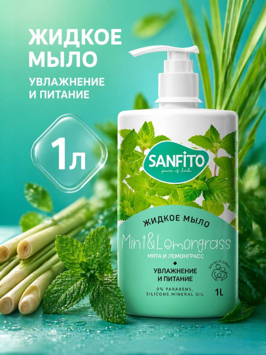 Жидкое мыло для рук SANFITO Сила луговых трав, Очищение и увлажнение 1 л