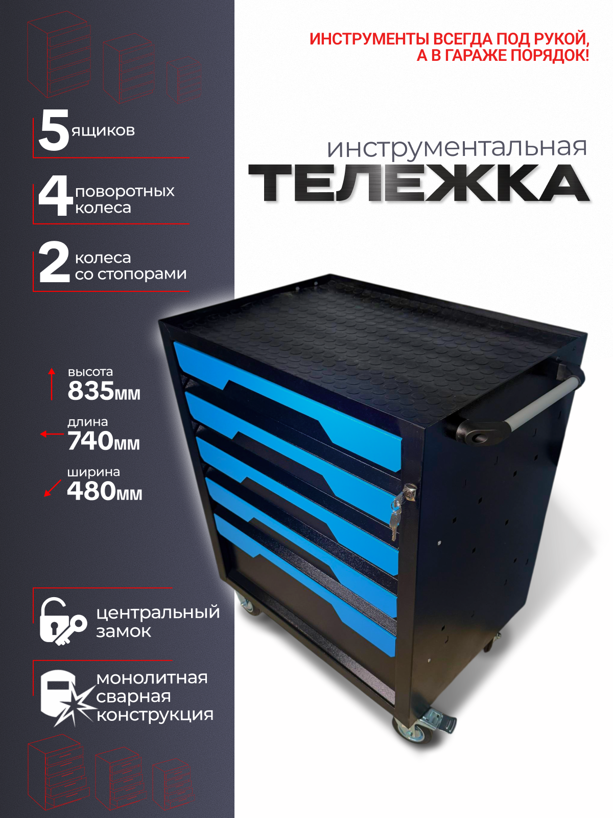 Тележка для инструментов, металлическая, с замком, с 5 выдвижными ящиками, синяя