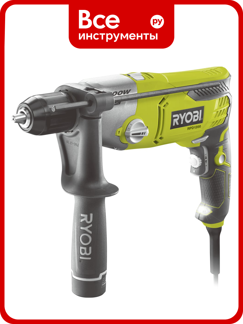 Ударная дрель Ryobi 3002067 RPD1200-K, с подсветкой, обратным вращением и блокировкой шпинделя, двухскоростной режим