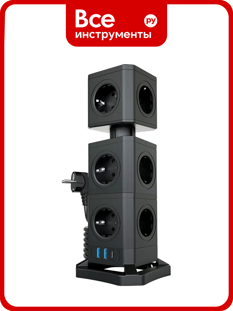 Сетевой фильтр QUMO Power Block System PD1+2 12SP5U P-0003, 13 розеток, 2500 Вт, 10A, кабель 2м 3*1 мм чистая медь, пожаробезопасный пластик, евровилка, 2 USB порта 2,4A + USB-C 30W 42089