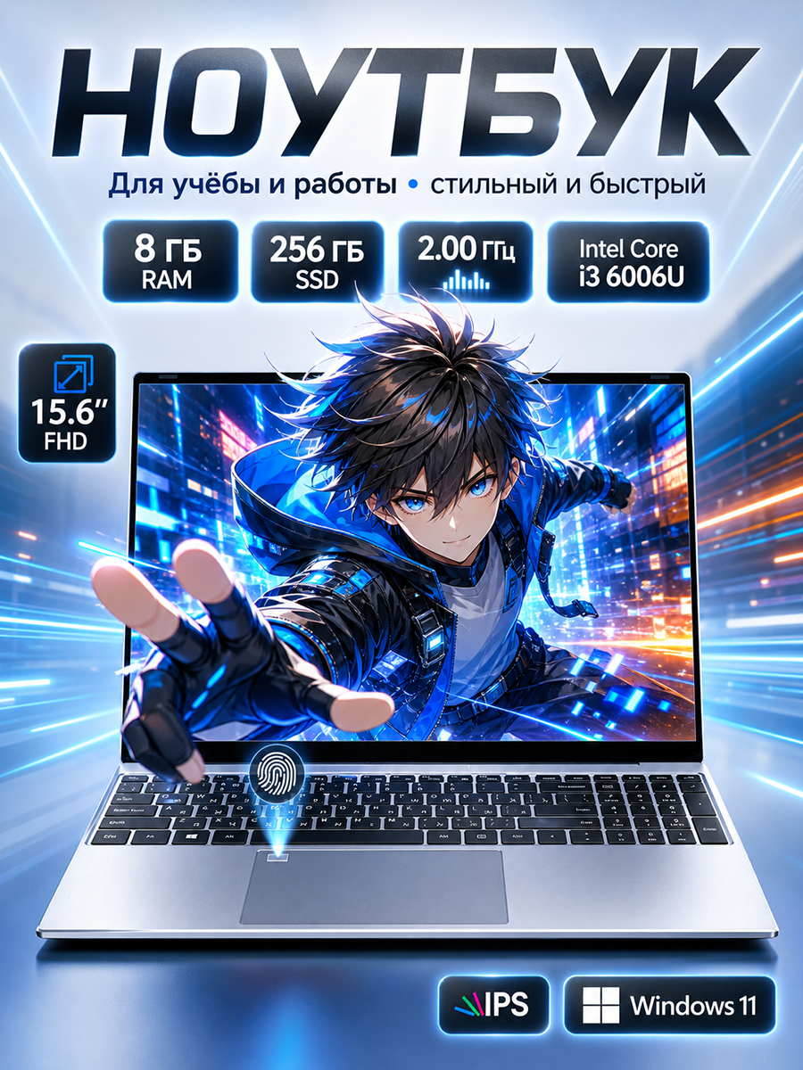 Ноутбук 15.6" IPS Full HD, Intel Core i3-6006U, 8/256 ГБ SSD, Windows 11 Home, для работы и учебы