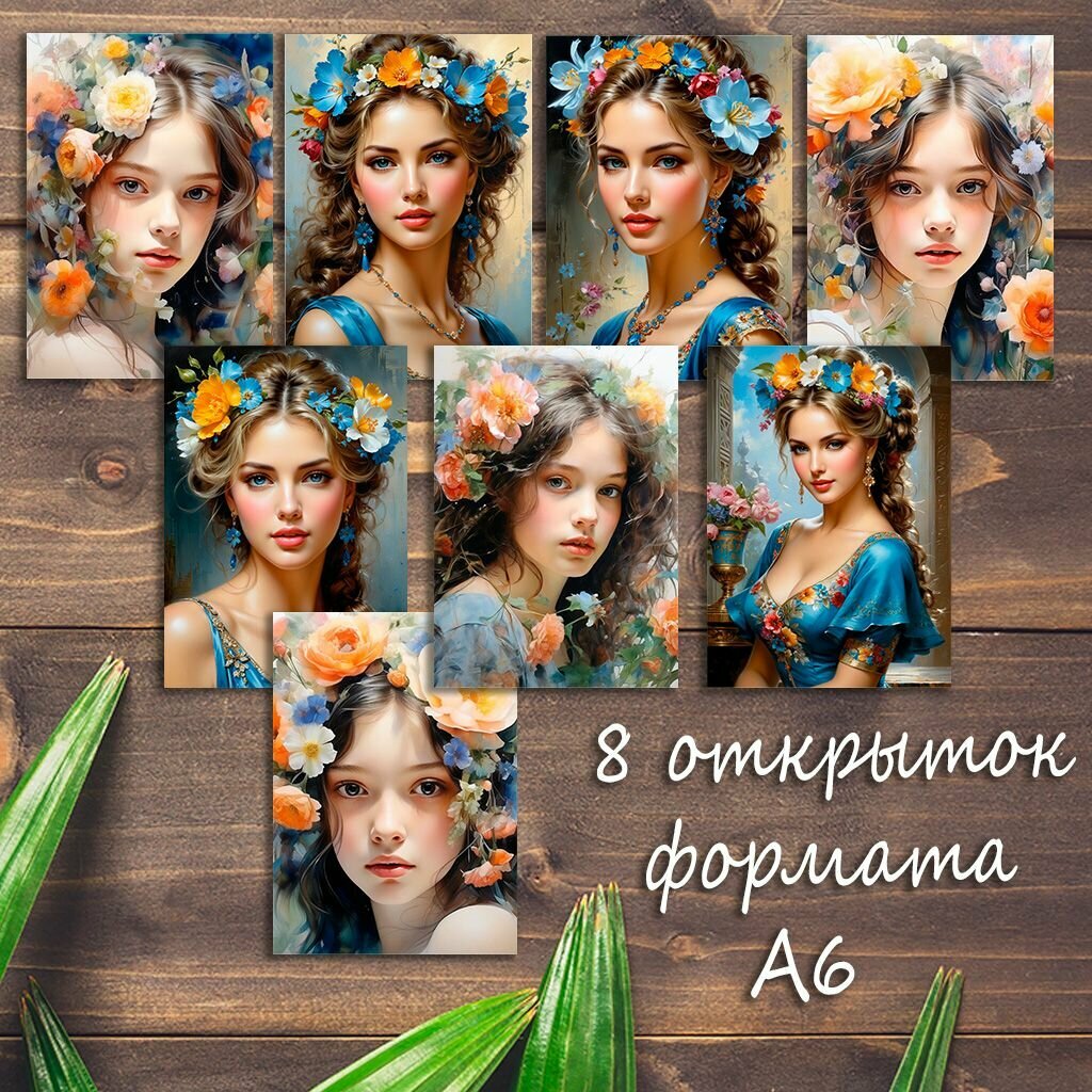 Большой набор открыток Красавицы с цветами, 8 штук