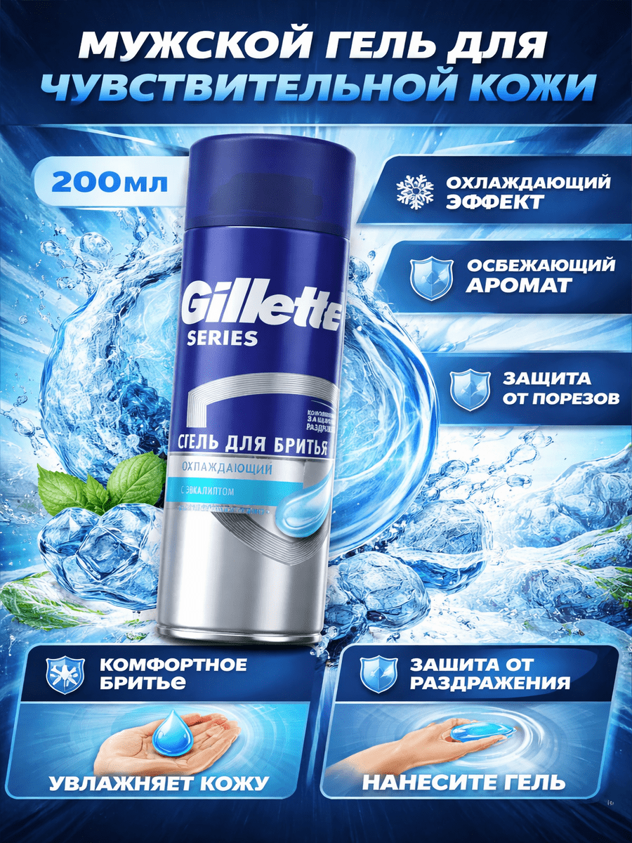 Гель для бритья Gillette Sensitive Cool Бережное охлаждение, 200мл