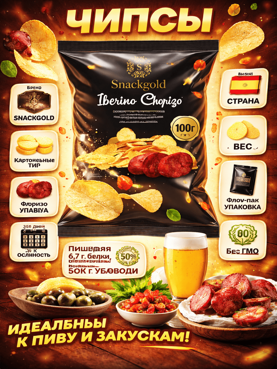 Чипсы Snackgold со вкусом Чоризо Иберико, 100г