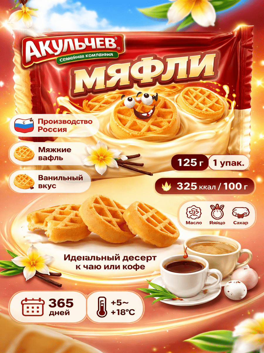 Вафли мягкие Акульчев Мяфли, 125г