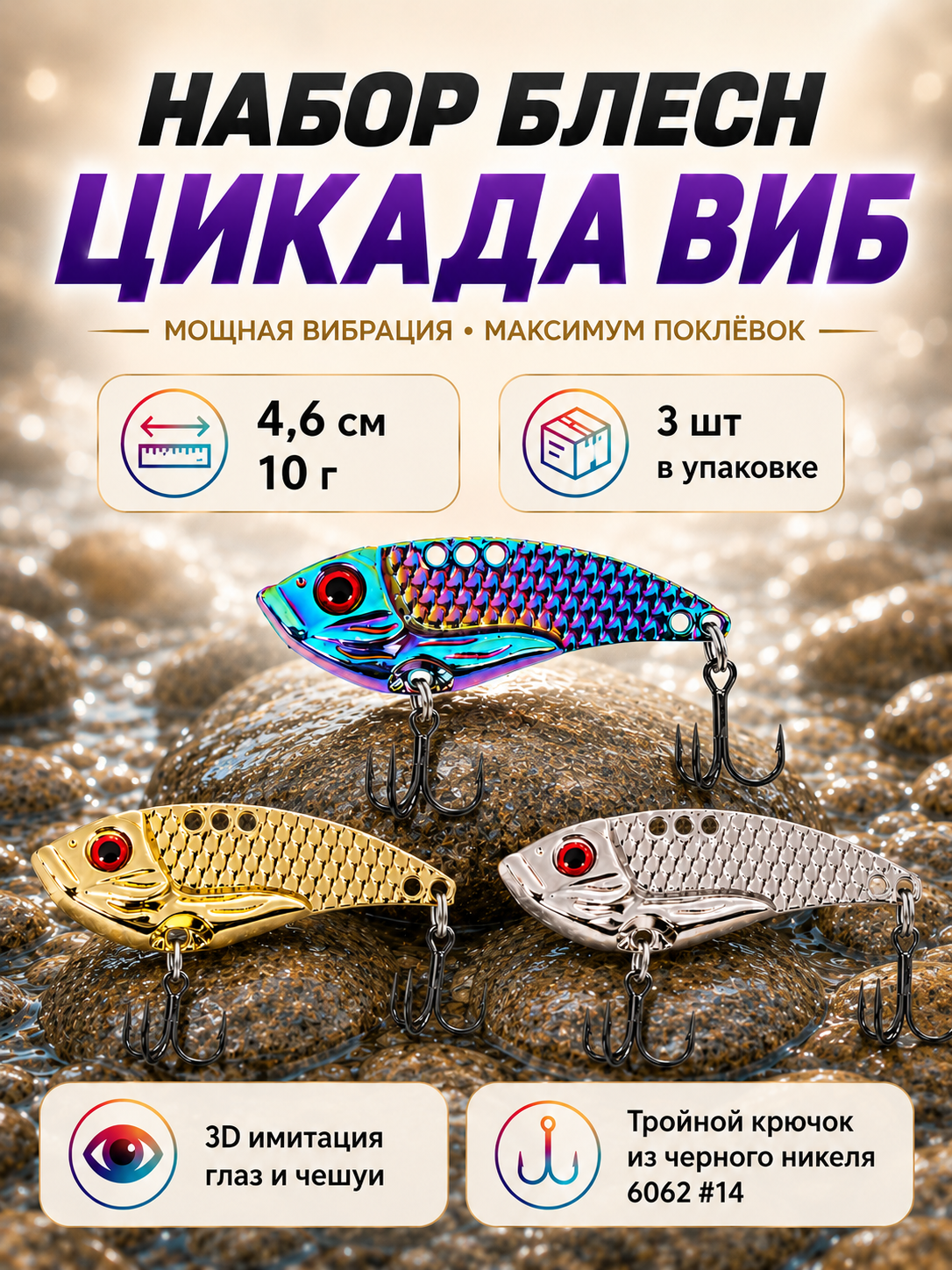 Набор рыболовных металлических виб-приманок, блесен цикада, с имитацией чешуи 4,6 см/10 г, 3 шт, разноцветные