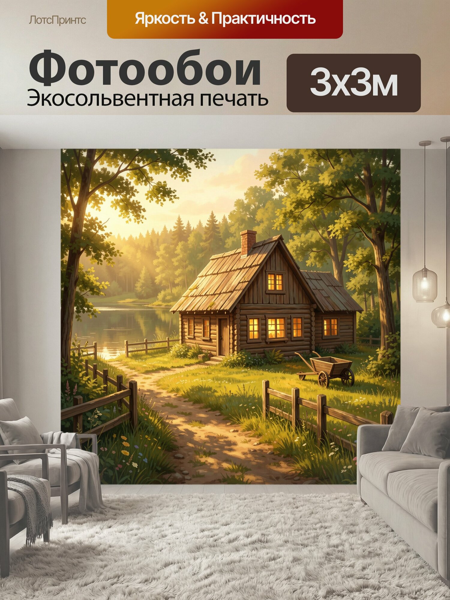 Фотообои "Уютный дом у лесного озера. Тёплый деревенский пейзаж с деревянным домиком, светящимися окнами, тропинкой, забором и тележкой у воды." 300x300 см. экосольвентная печать