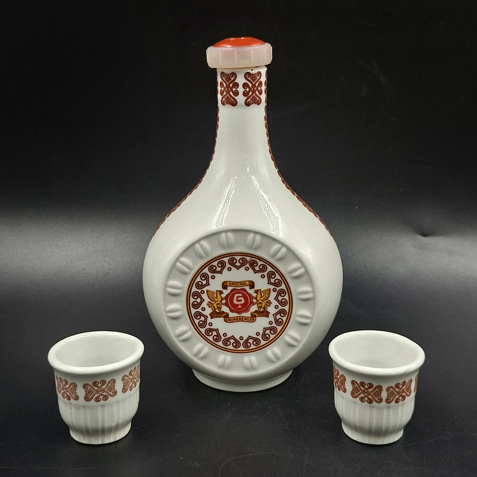 Набор из штофа и двух стопок от напитка "Original Grüneberger", фарфор, деколь, пластик