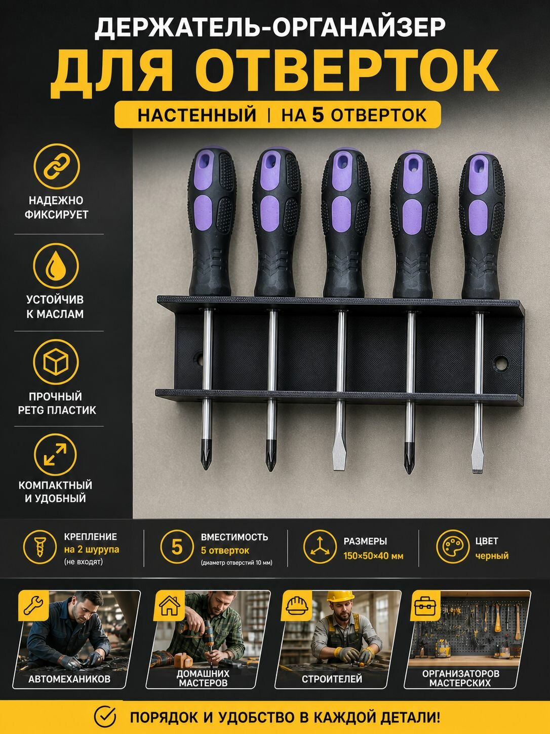 Держатель-органайзер отверток, на 5 отверток, настенный