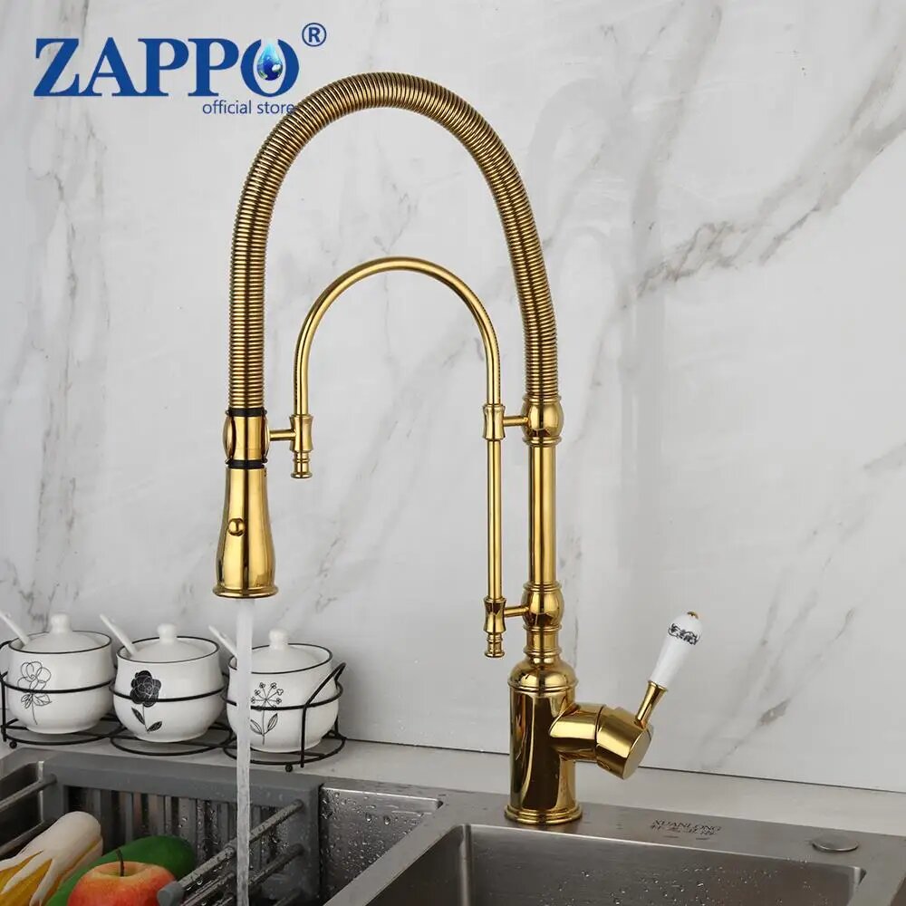 Кухонный смеситель ZAPPO Gold and Chrome High Arc с 360-градусным поворотом, двухрежимным подъемно-опускающимся распылителем и фарфоровым ручком