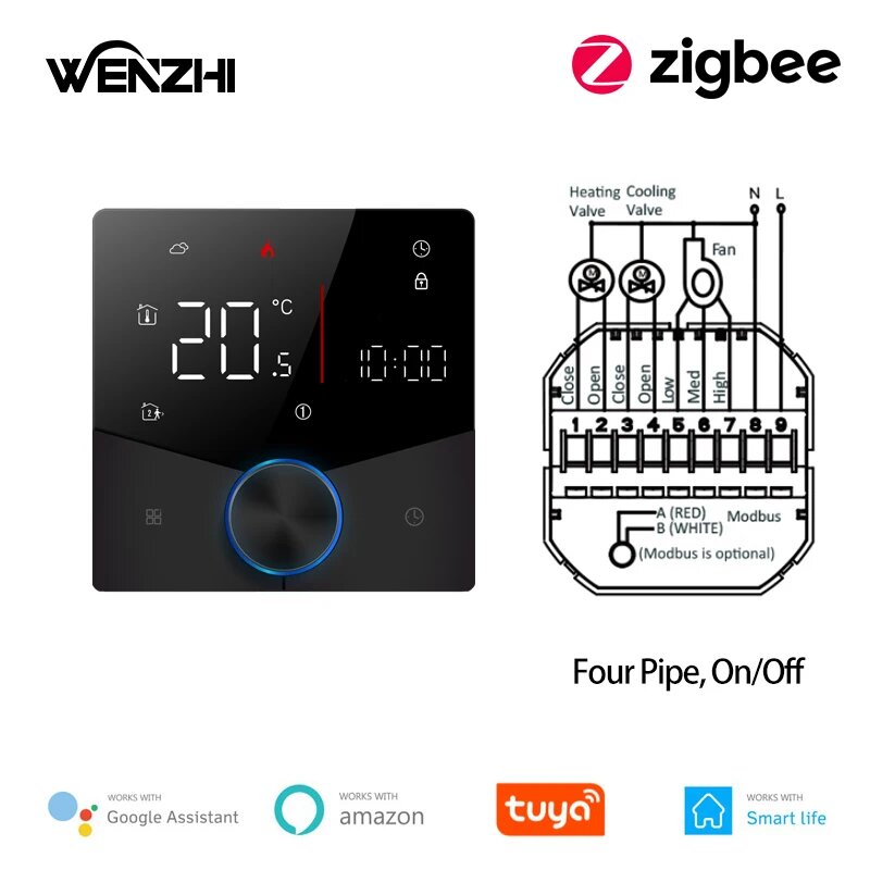 Умный термостат Zigbee BAC-009, черный, 4 pipe
